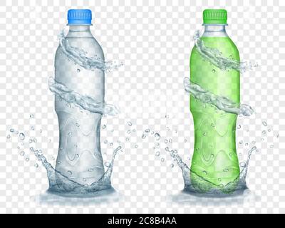 Two translucent plastic bottles in orange and red colors with water ...