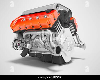 Car engine cast iron red with starter 3d render on blue background with ...