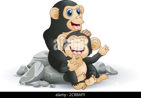 Cartoon chimpanzee mother hug her baby chimp under a tree on a white ...