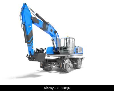 Blue excavator loader wheel isolated 3D render on blue background with ...