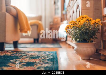 Interior of light living room with grey sofa, fireplace, coffee table ...