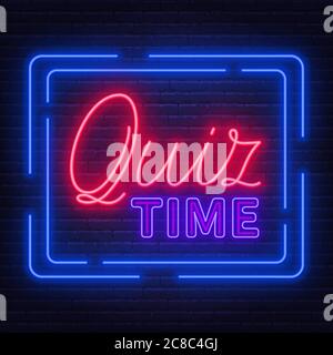 Quiz Time neon lettering on brick wall background. Pink and blue neon ...