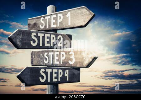 Step 1, 2, 3, 4 - wooden signpost with four arrows Stock Photo - Alamy