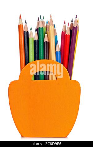 color pencils in wooden basket-shaped pencil case Stock Photo - Alamy