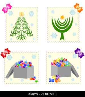 Christmas and New Year Postcard with stamps and mark. Van flies through ...