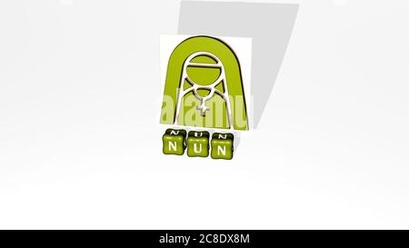 3D illustration of NUN graphics and text made by metallic dice letters ...