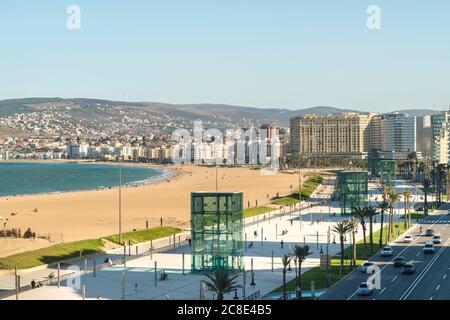 Morocco, Tanger-Tetouan-Al Hoceima, Tangier, Harbor and coastal mosque ...