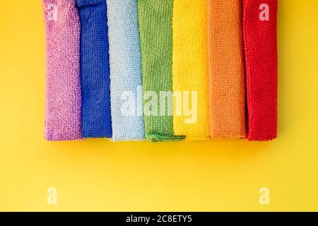 Close-up of five overlapping microfiber cleaning clothes of different ...
