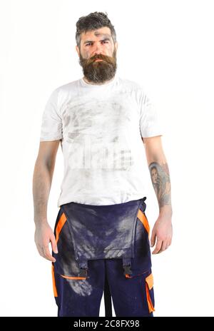 Handyman covered in dust after sanding room Stock Photo - Alamy