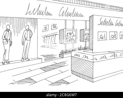 Shopping mall graphic black white interior sketch illustration vector ...