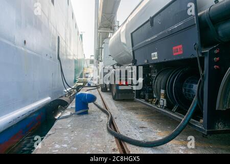 Fuel tanker truck supplying a ferry Stock Photo - Alamy