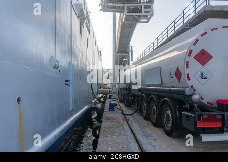 Fuel tanker truck supplying a ferry Stock Photo - Alamy