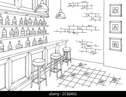 Bar, pub interior flat vector illustration with glasses, bottles ...