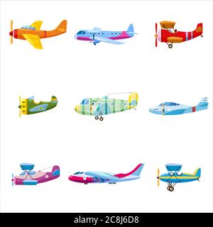 Set of airplanes aircraft different colour. Retro, personal, speed ...