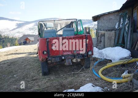 WISłA, POLAND - Mar 23, 2019: Old rusty UAZ left somewhere in the ...