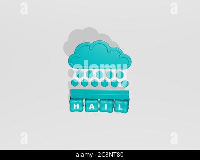 3D illustration of hail graphics and text made by metallic dice letters ...
