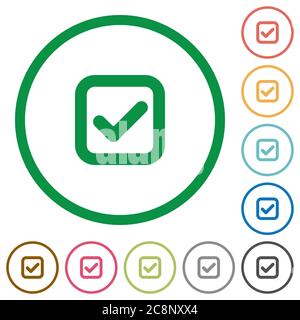Set of checkmark color round outlined flat icons on white background ...