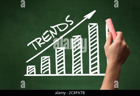 Hand drawing TRENDS inscription with white chalk on blackboard ...