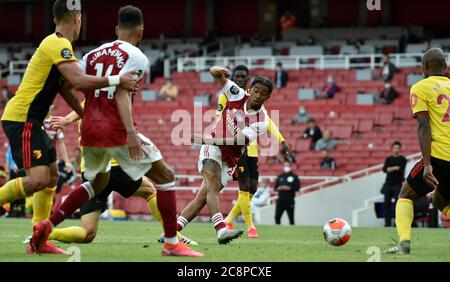 Arsenal's Reiss Nelson has a shot on goal during the Premier League ...