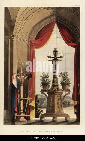 Regency era window curtains. Drapes in blue and white with lilies in ...