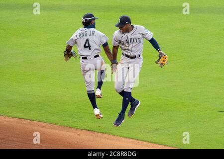 Seattle Mariners' Kyle Lewis in action against the Los Angeles Dodgers ...