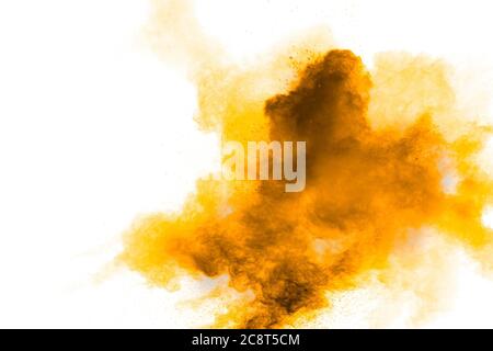 Orange and yellow powder explosion on white background.Orange yellow ...