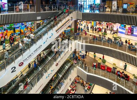 People at the AEON mall Binh Tan, top view. AEON mall shopping complex ...
