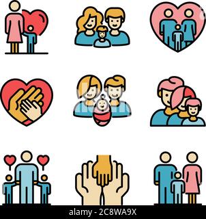 Foster family icons set. Outline set of foster family vector icons neon ...