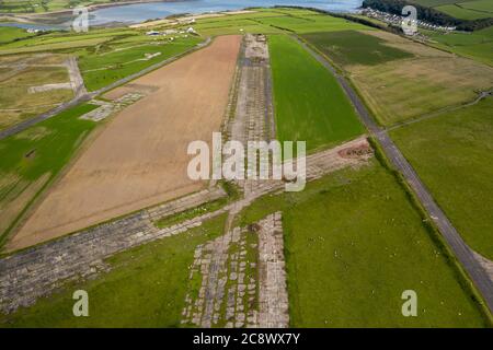 Aerial view of an old, abandoned ww2 airfield and runway (RNAS Dale ...