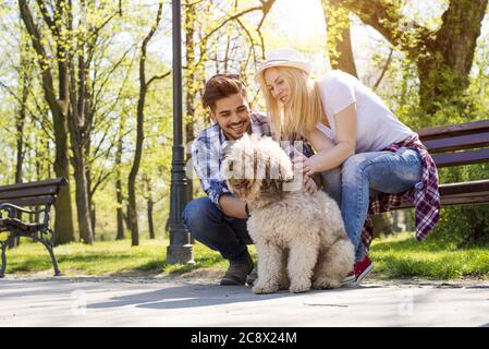 Young beautiful couple with dog sitting on the sofa at new home around ...