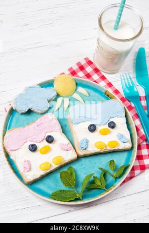 Funny Healthy Breakfast Toasts For Kids Shaped As Cute Animals On Grey ...