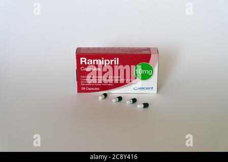 Close up of a box of Ramipril tablets used to treat high blood pressure ...