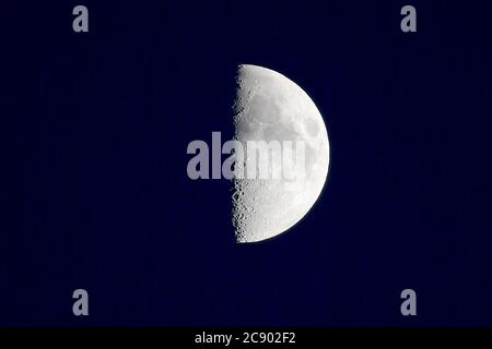 First quarter moon, also known as half moon, in black and white ...