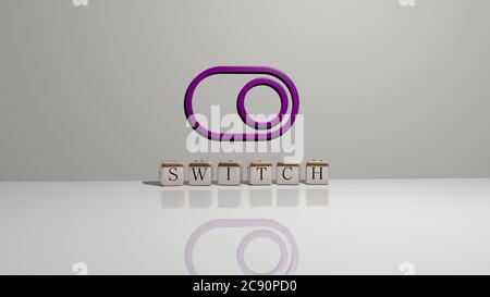 3D representation of switch with icon on the wall and text arranged by ...