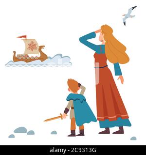 Woman viking. Historic medieval viking family. Mother and son. Vector ...