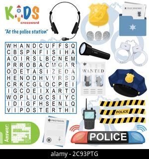 Easy word search crossword puzzle "At the police station", for children ...