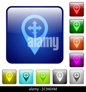 Move GPS map location icons in color illuminated spherical glass buttons on black background ...