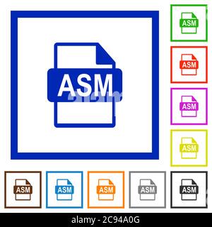 ASM file format flat color icons with quadrant frames on white ...