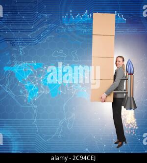 The woman flying jetpack and delivering boxes globally Stock Photo - Alamy