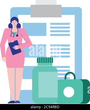 female doctor with medical order and kit vector illustration design ...