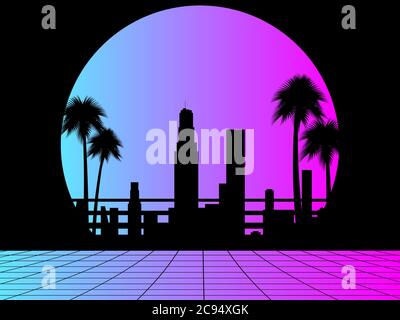 Neon city landscape with synthwave or 80s arcade style. Abstract ...