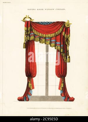 Regency era window curtains. Drapes in blue and white with lilies in ...