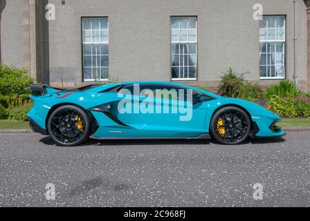 2019 Model Teal Blue Lamborghini Aventador SVJ Sports Car rear offside ...