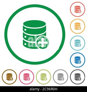 Move database white icons in round glossy buttons with steel frames on black background.The ...