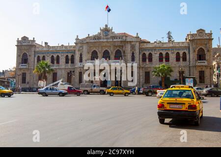 Damascus old central railway station with steam engine exhibit Syria ...
