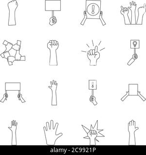 protesting hands with blank placard icon over white background, line ...
