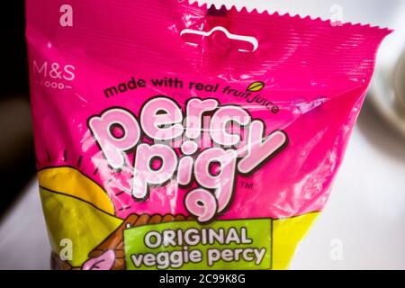 Bag of Marks & Spencer percy pig fruity chews sweets opened with ...