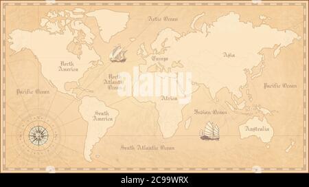 Vector antique world map with countries boundaries. Antique world ...
