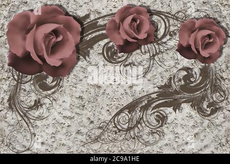 3d wallpaper, roses on concrete wall textured background. The fresco ...
