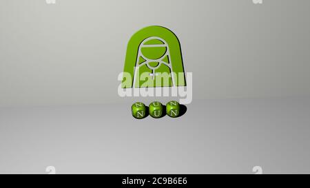 3D illustration of NUN graphics and text made by metallic dice letters ...